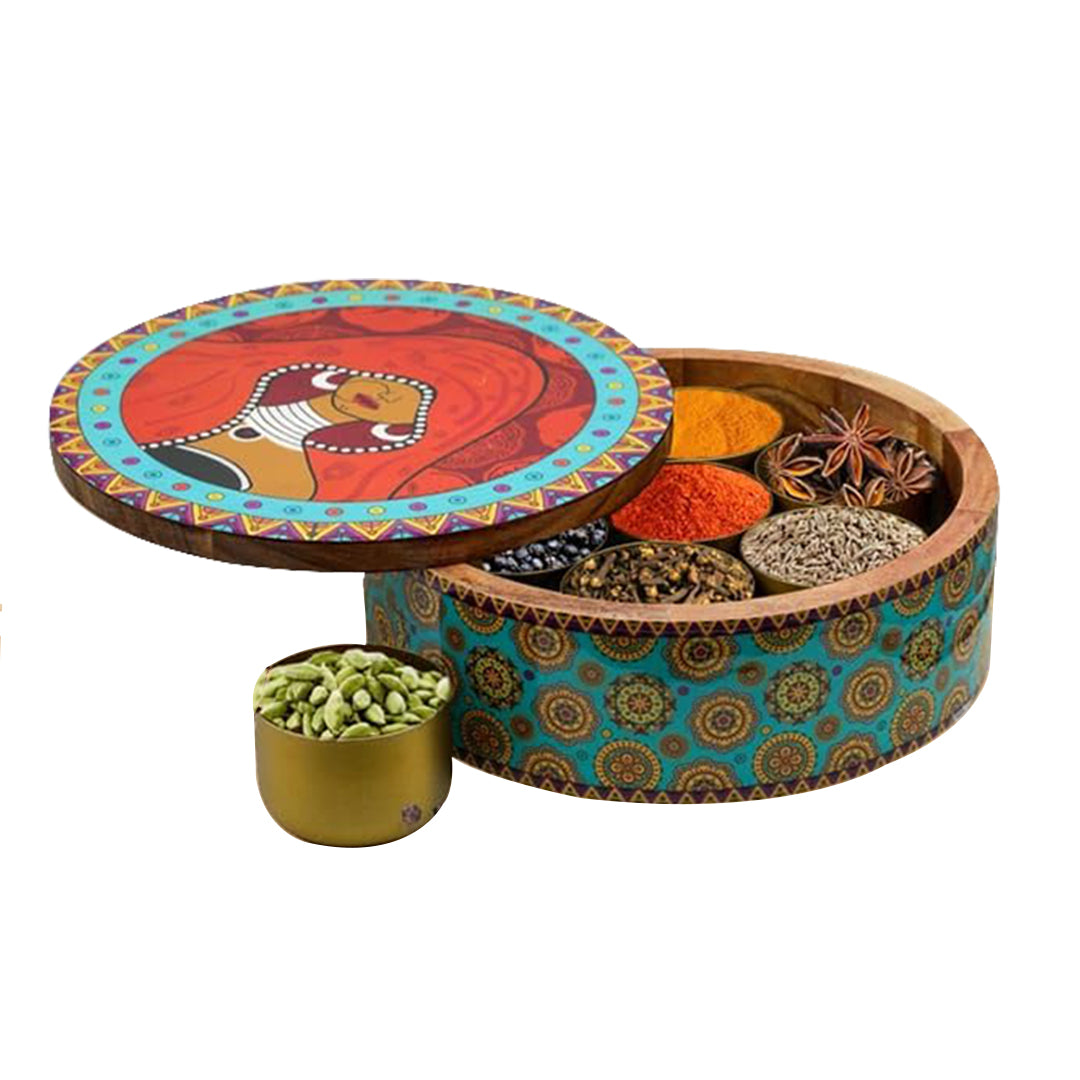 "Classic" Wooden Spice Box/Masala Dabba Set with Seven Golden Spice Ja ...