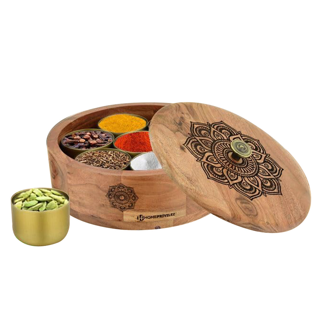 “Ethnic” Wooden Spice Box/Masala Dabba Set for Kitchen with engraved E ...