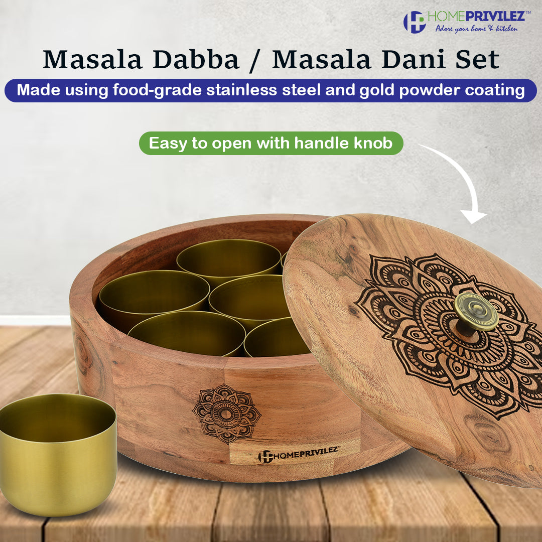“Ethnic” Wooden Spice Box/Masala Dabba Set for Kitchen with engraved E ...