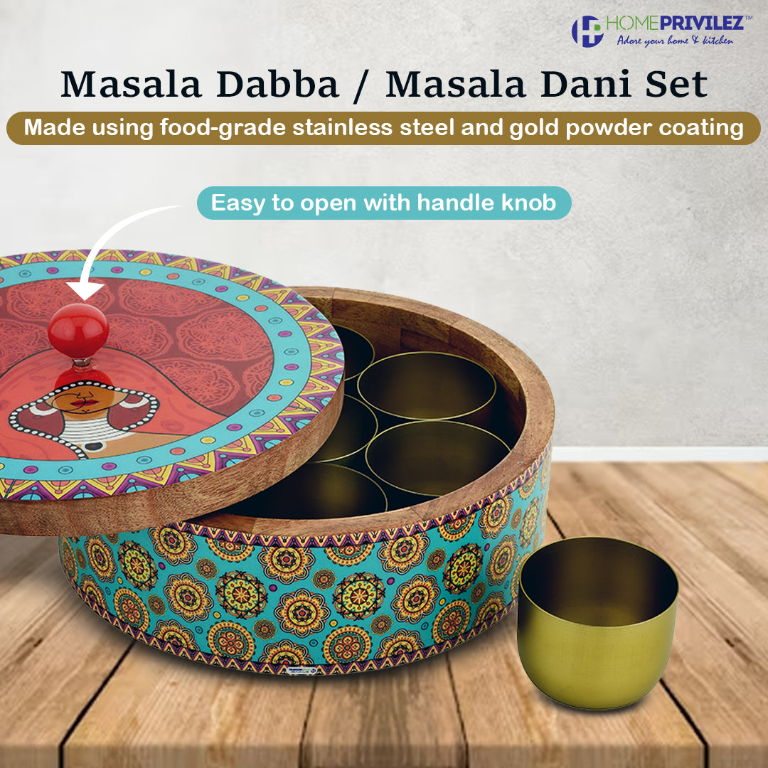 "Classic" Wooden Spice Box/Masala Dabba Set with Seven Golden Spice Ja ...