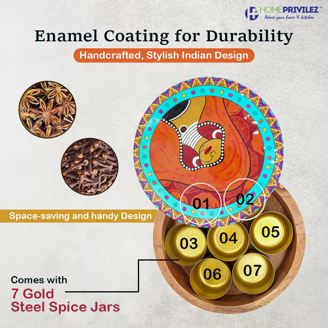 "Classic" Wooden Spice Box/Masala Dabba Set with Seven Golden Spice Ja ...
