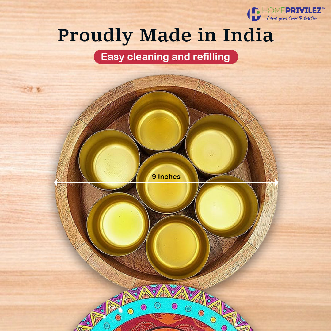 "Classic" Wooden Spice Box/Masala Dabba Set with Seven Golden Spice Ja ...