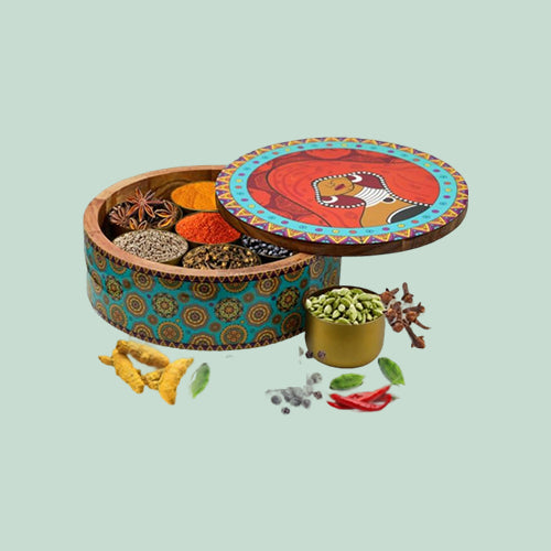 "Classic" Wooden Spice Box/Masala Dabba Set with Seven Golden Spice Ja ...
