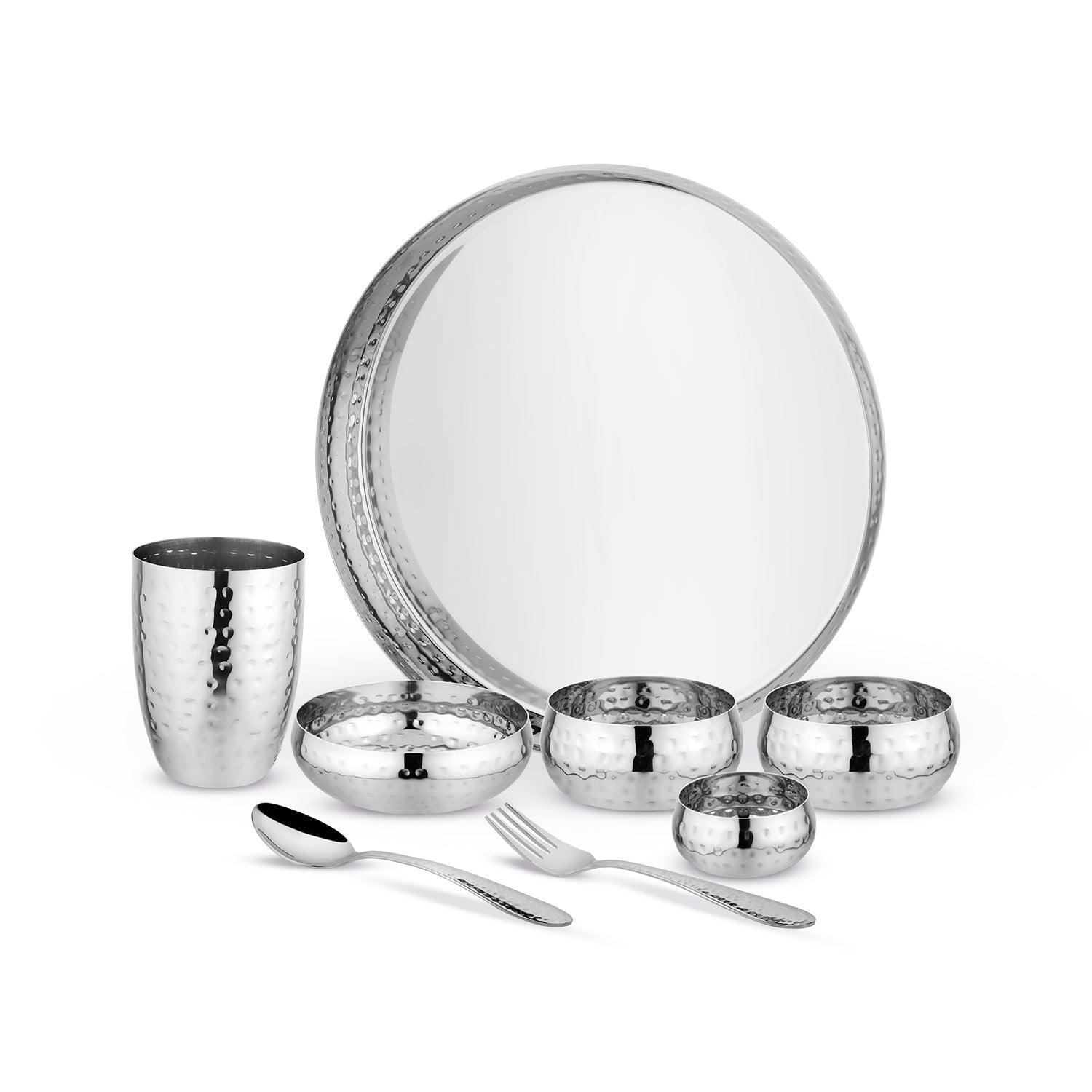 Rajwada Steel Thali set 8 Pcs- Silver HAMMERED – Homeprivilez